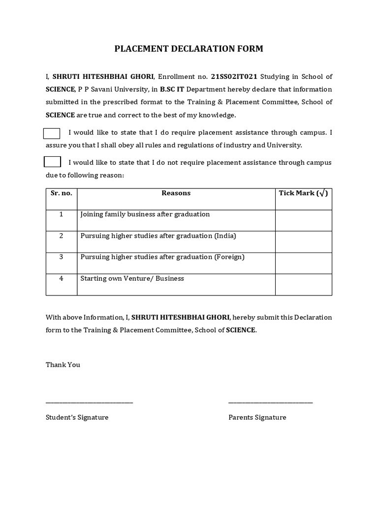 Placement Declaration Form | PDF | Career & Growth