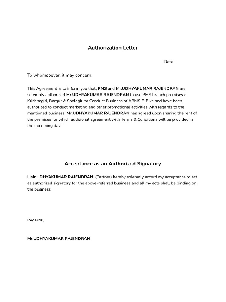 Bike Authorization Letter for Business | PDF