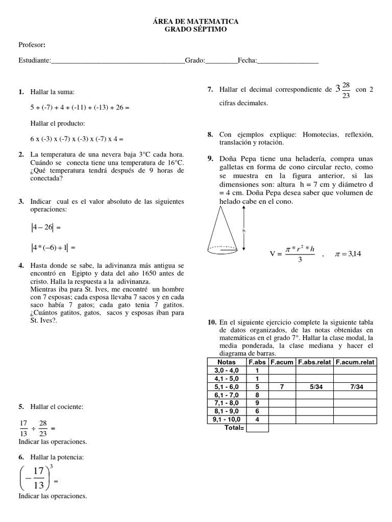 Ejercicios de Matemáticas 7° Grado | PDF | Matemáticas