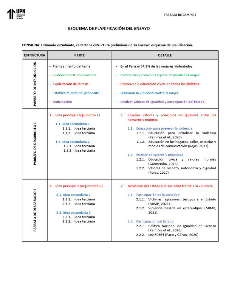 TC 4 Esquema de Planificacion Del Ensayo 2A | PDF | La violencia contra las mujeres | Estudios ...