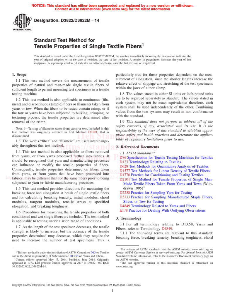 ASTM-D3822-D3822M-14 (Ensayo de Tracción_propiedades de Fibras Textiles Individuales) | PDF ...