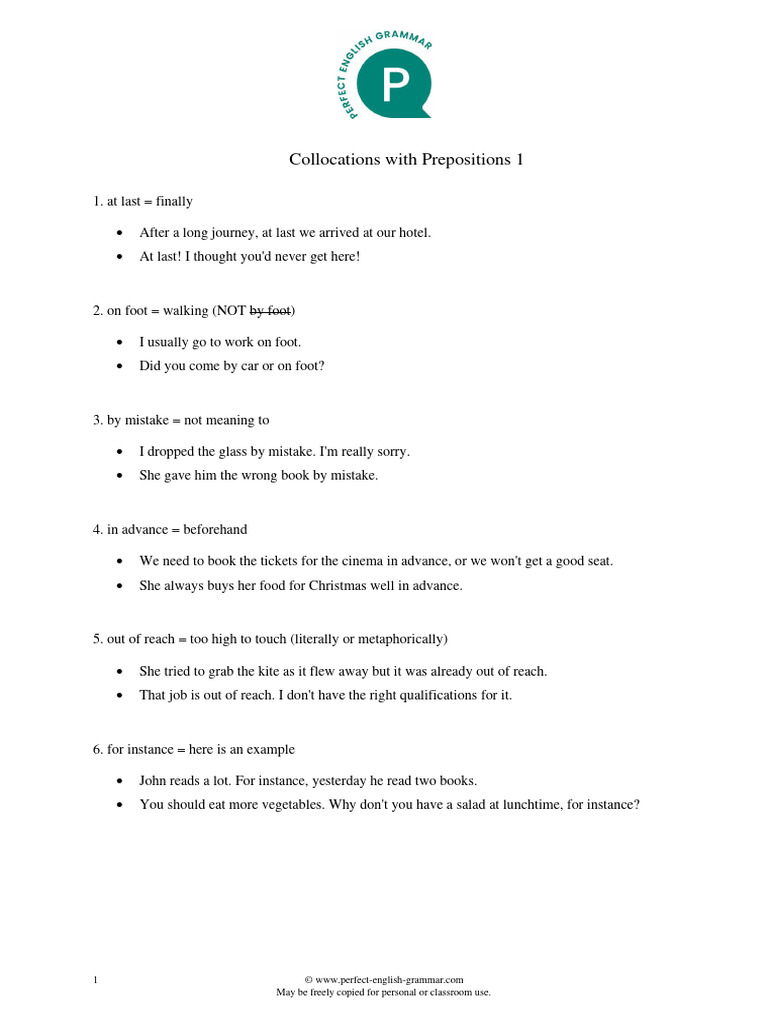 Preposition Collocations 1 | PDF