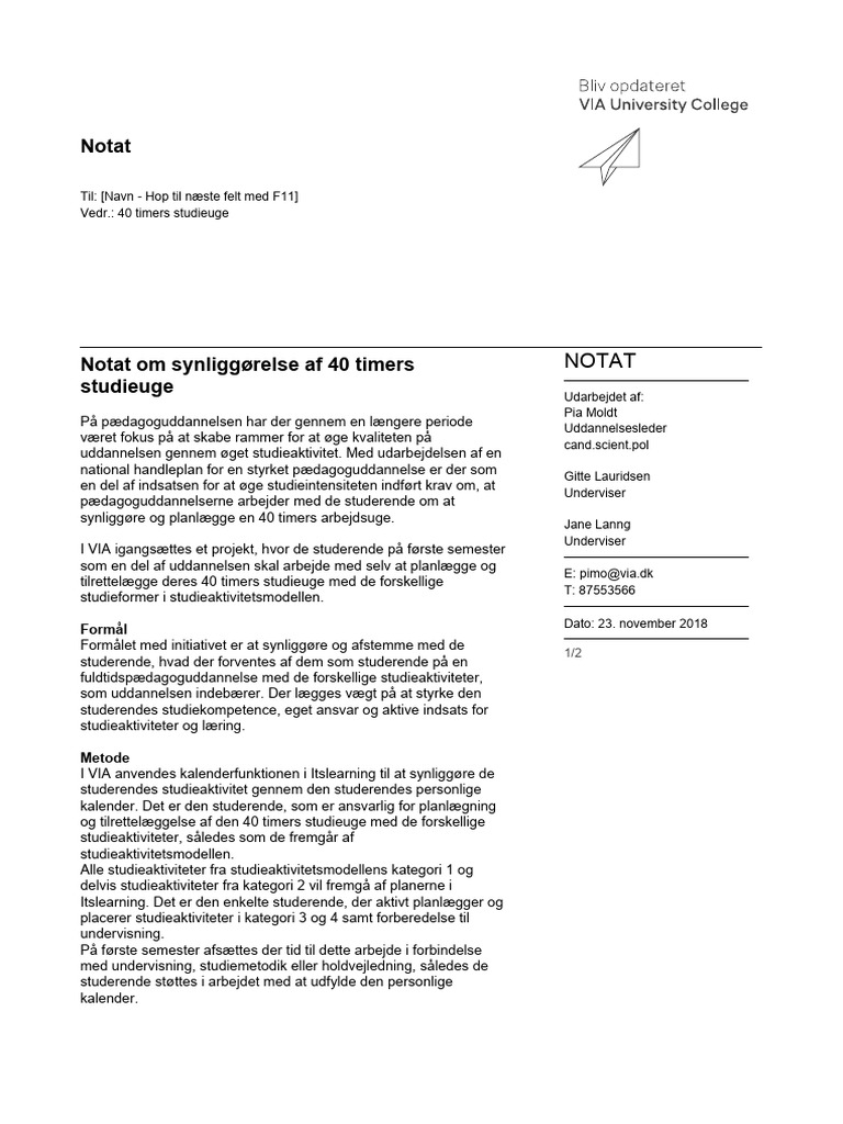 Notat 40 Timers Studieuge | PDF