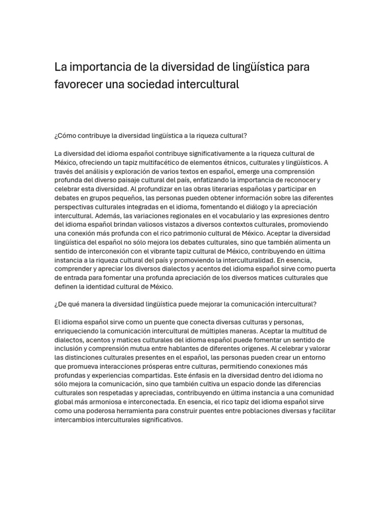 La Importancia de La Diversidad Linguística | PDF | Interculturalidad ...