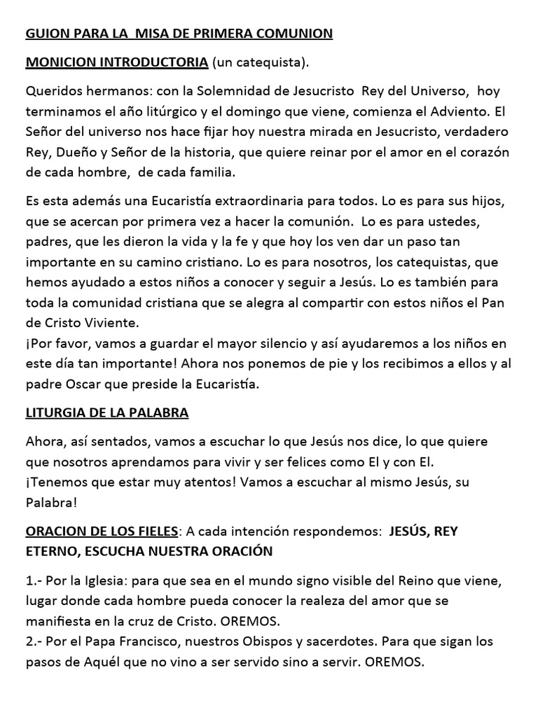 Guion para La Misa de Primera Comunion 2023 | Descargar gratis PDF | eucaristía | Oración