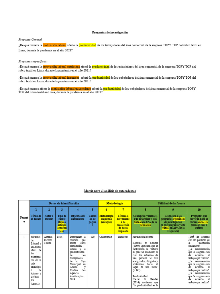 Matriz para Analizar Antecedentes (FIA) (202202) | PDF | Motivación ...