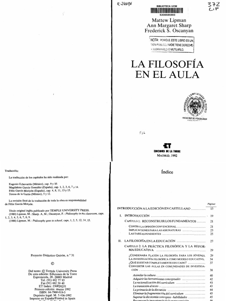Lipman Matthew (1992), La Filosofia en El Aula. Capítulo 2. La Práctica ...