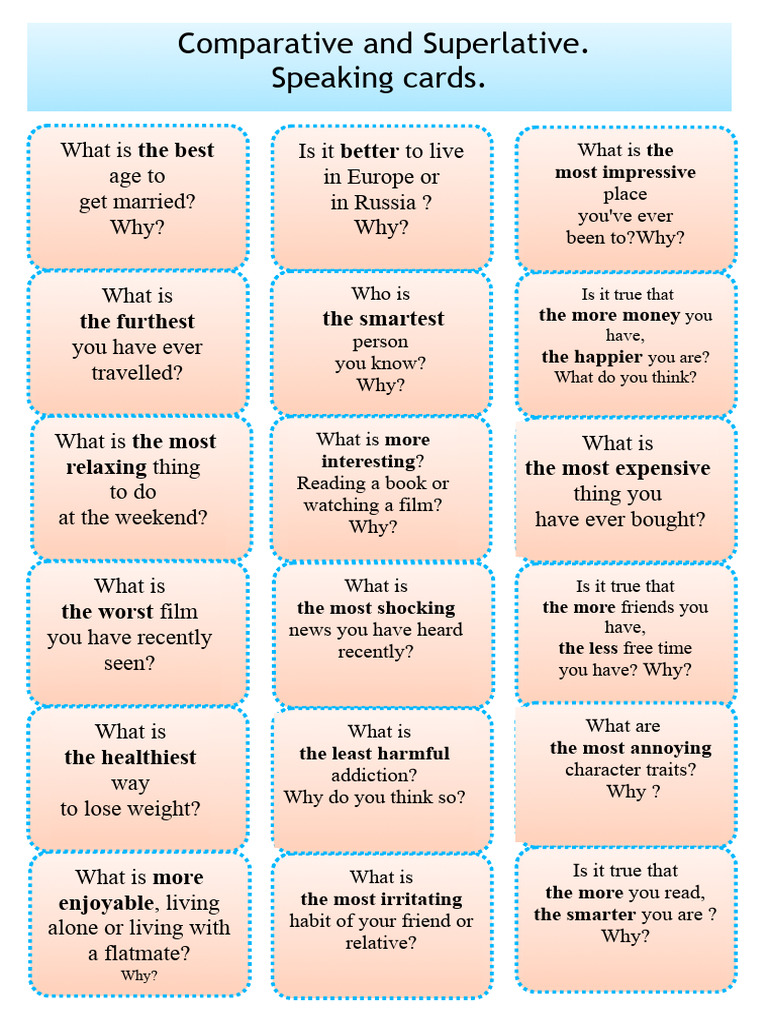 Comparative and Superlative Discussion Cards | PDF | Self-Improvement ...