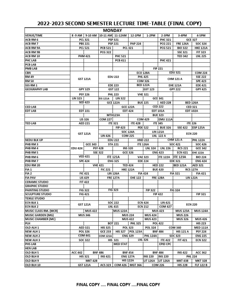(2022-2023) Second Semester Lecture Time-table (Final Copy) 100 L-500l ... (2022-2023) Second Semester Lecture Time-table (Final Copy) 100 L-500l ...