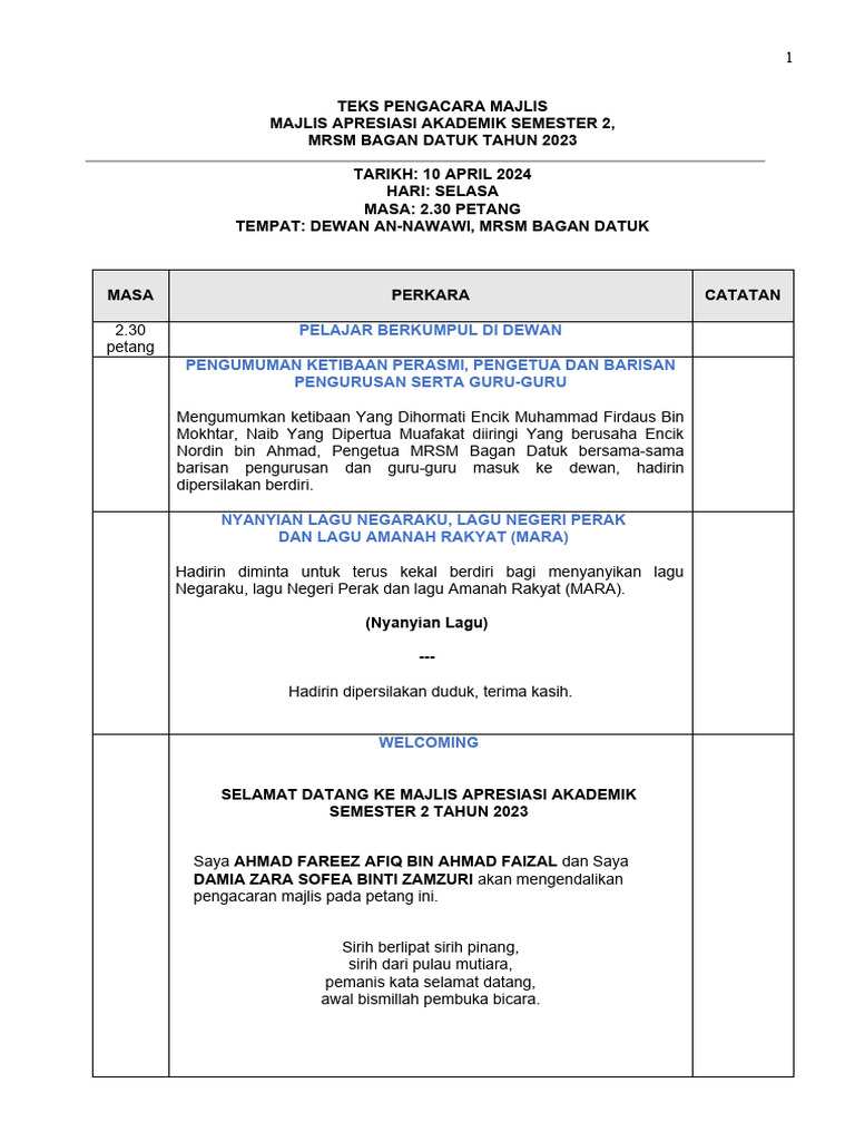 Teks Pengacara Majlis Apresiasi Akademik Semester 2 Tahun 2023 | PDF
