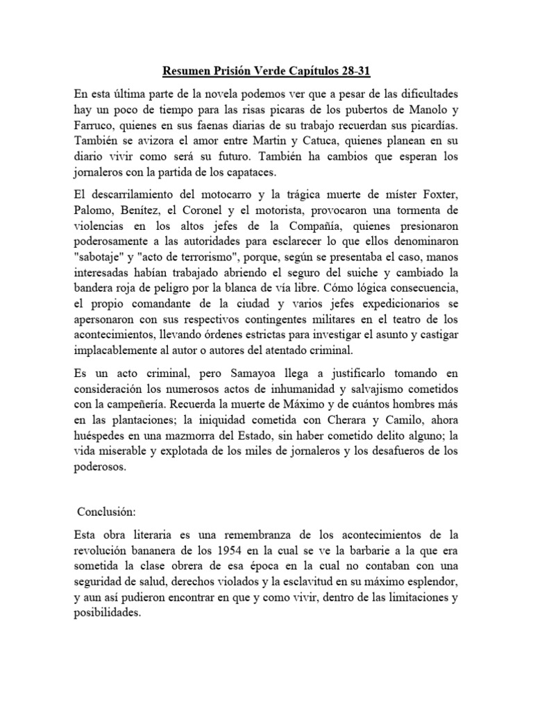 Resumen Prisión Verde Capítulos 28-31 | PDF | Viajes y turismo | Historia