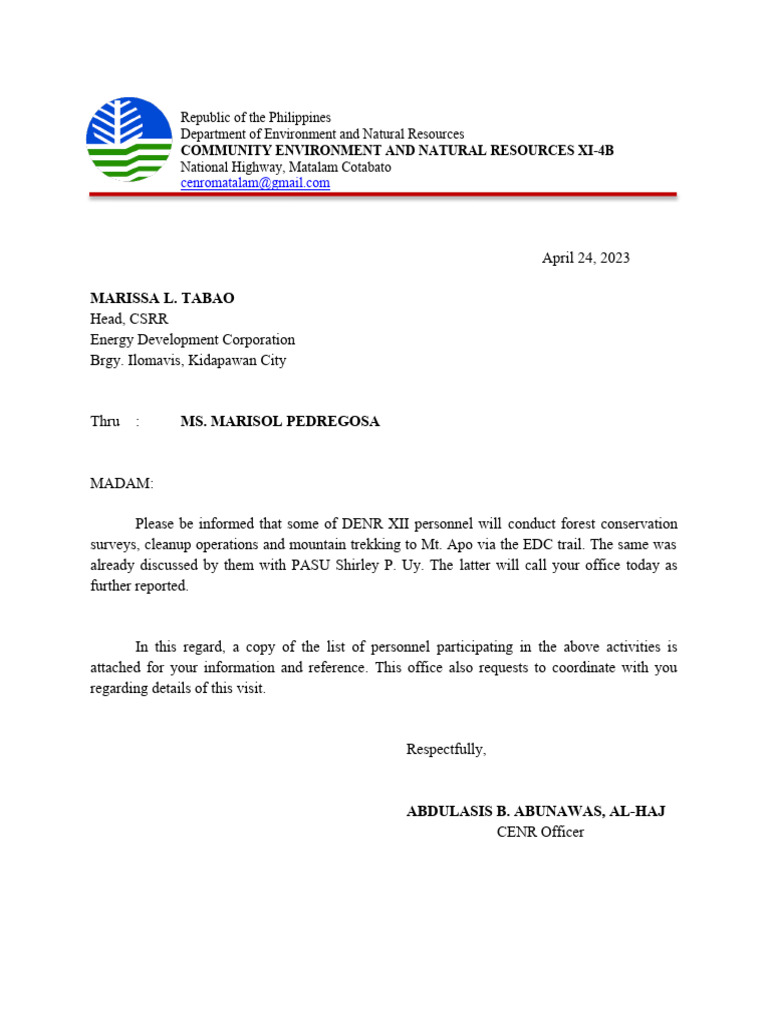 Letter To EDC MT APO TREK CENRO 1 | PDF | Travel | Science & Mathematics