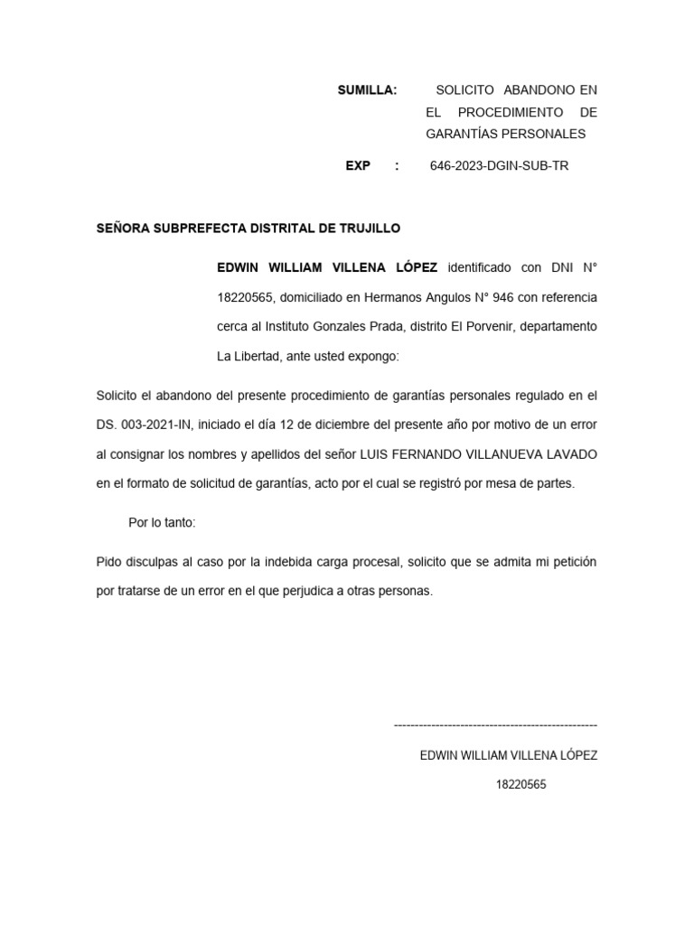 Solicitud de Abandono Señor Edwin | PDF