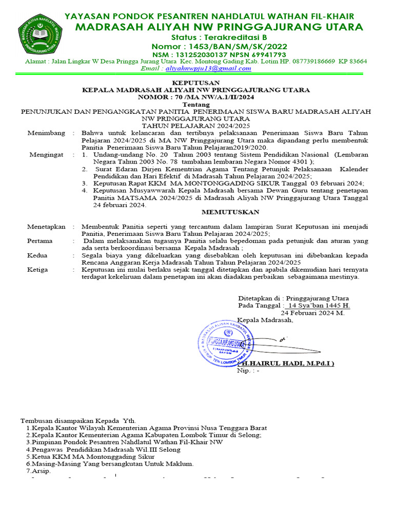 Pengangkatan Panitia PSB 2024 | PDF