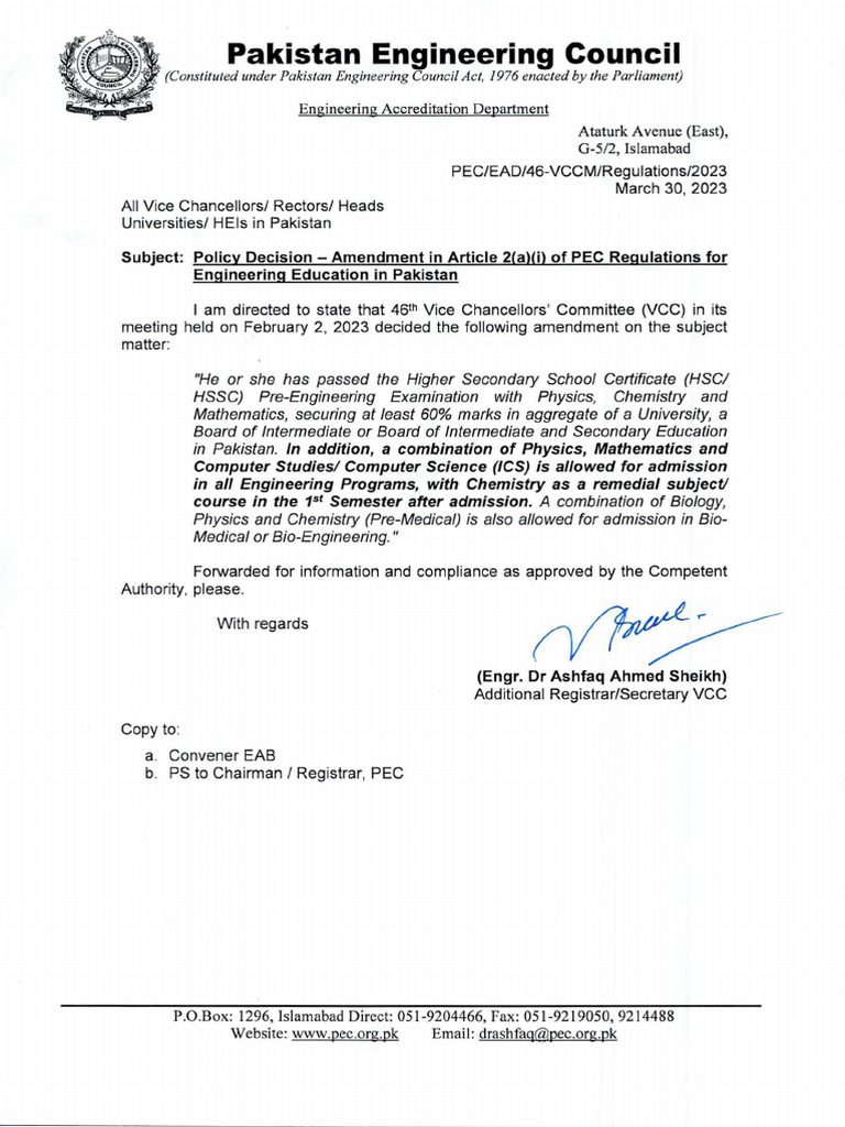 Policy Amendment in PEC Regulations Letter Mar 2023 | PDF