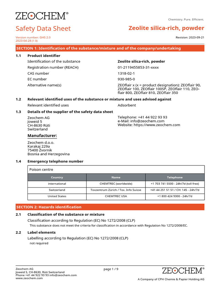 SDS Zeolite - Silica Rich - Powder NL en 1 | PDF | Dangerous Goods ...