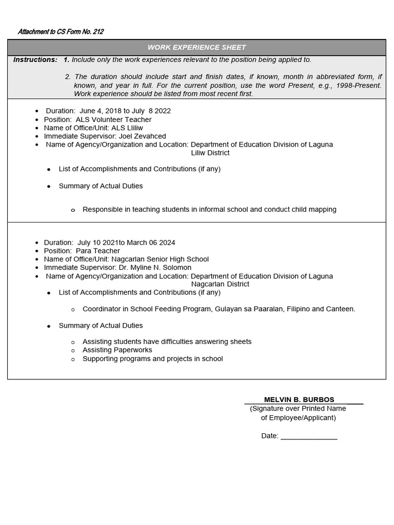 CS Form No. 212 Attachment - Work Experience Sheet | PDF