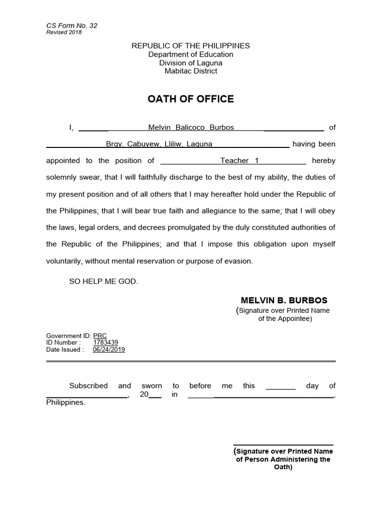 CS Form No. 32 Oath of Office | PDF | Oath Of Office | State Ritual And Ceremonies