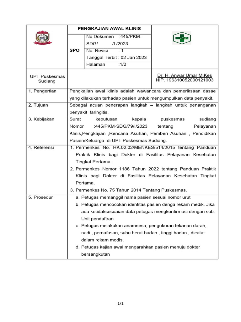 Pengkajian Awal Klinis Puskesmas | PDF