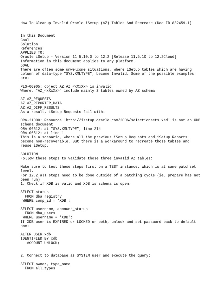 How To Cleanup Invalid Oracle Isetup (AZ) Tables and Recreatde 832459.1 ...