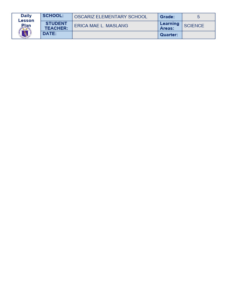 Daily Lesson Plan School: Grade: Student Teacher: Learning Areas: Date ...