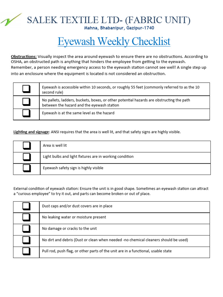 Eyewash Station Checklist | PDF | Water