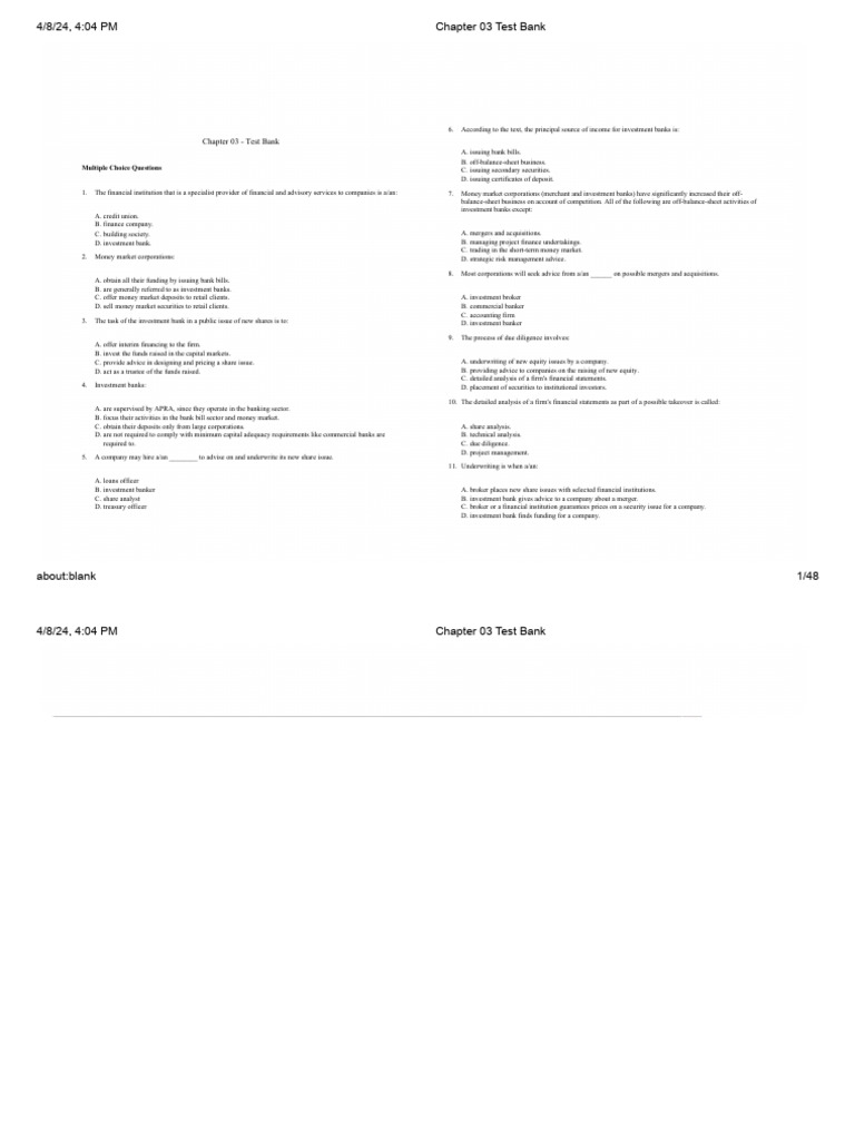 Chapter 03 Finance Test Bank | PDF | Investment Banking | Banks