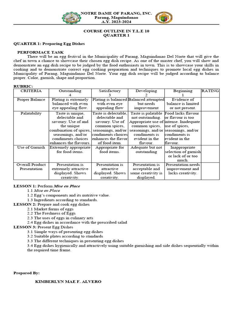 Course Outline in TLE 10 | PDF | Foods | Vegetables