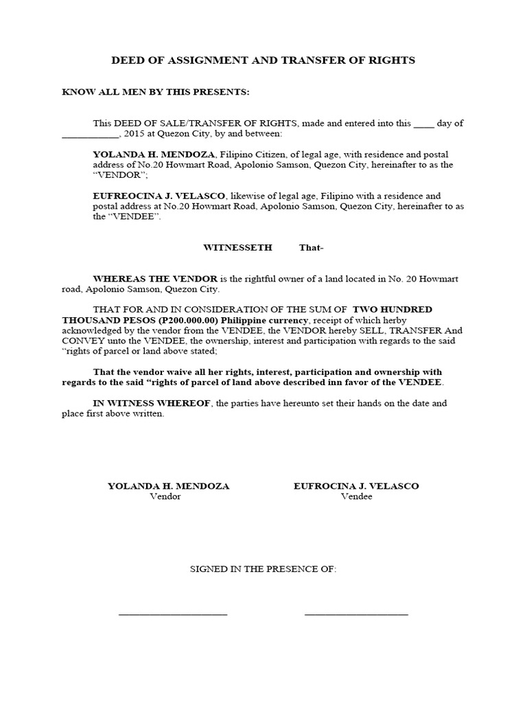 Deed of Assignment and Transfer of Rights | PDF | Civil Law (Common Law ...