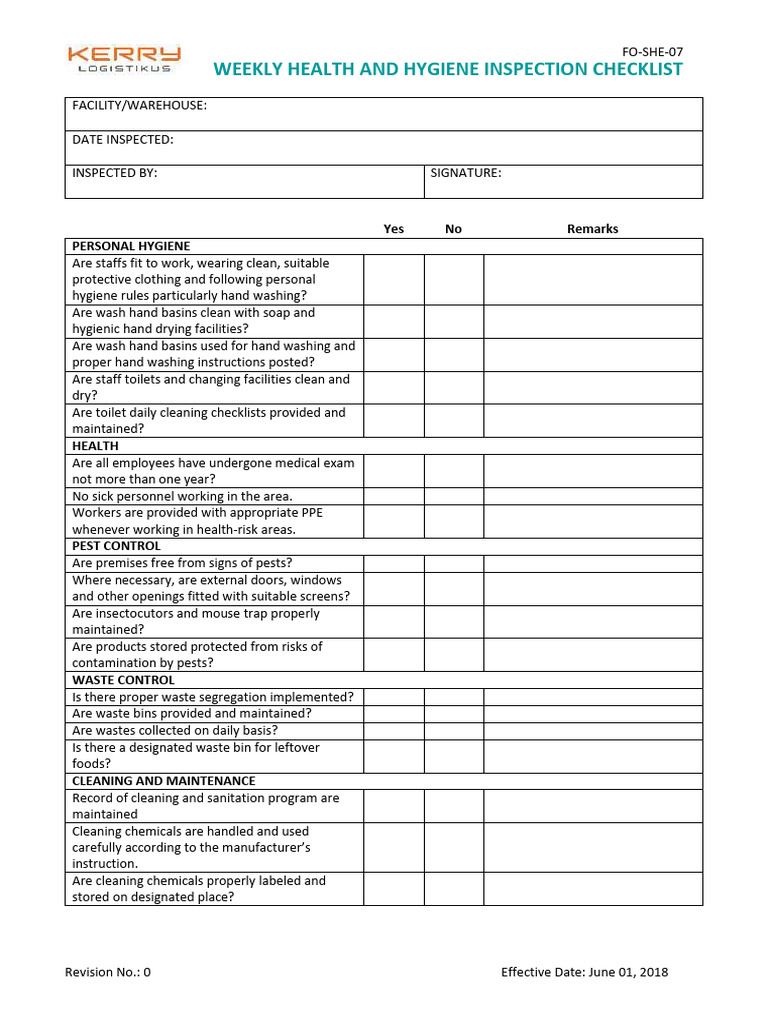 FO-SHE-07 Weekly H&H Inspection Checklist | Download Free PDF | Hygiene ...