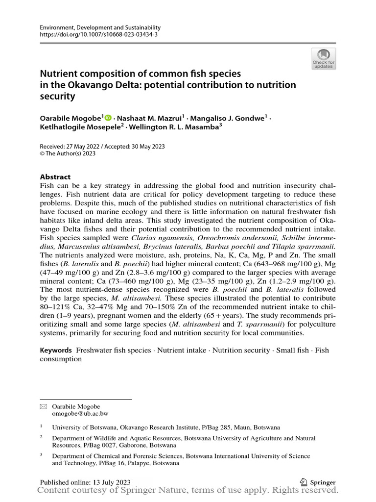 Nutrient Composition of Common Fish Species in The | PDF | Malnutrition ...