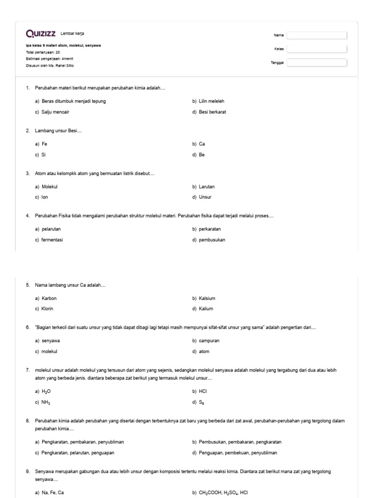 Ipa Kelas 9 Materi Atom Molekul Senyawa Quizizz Pdf 