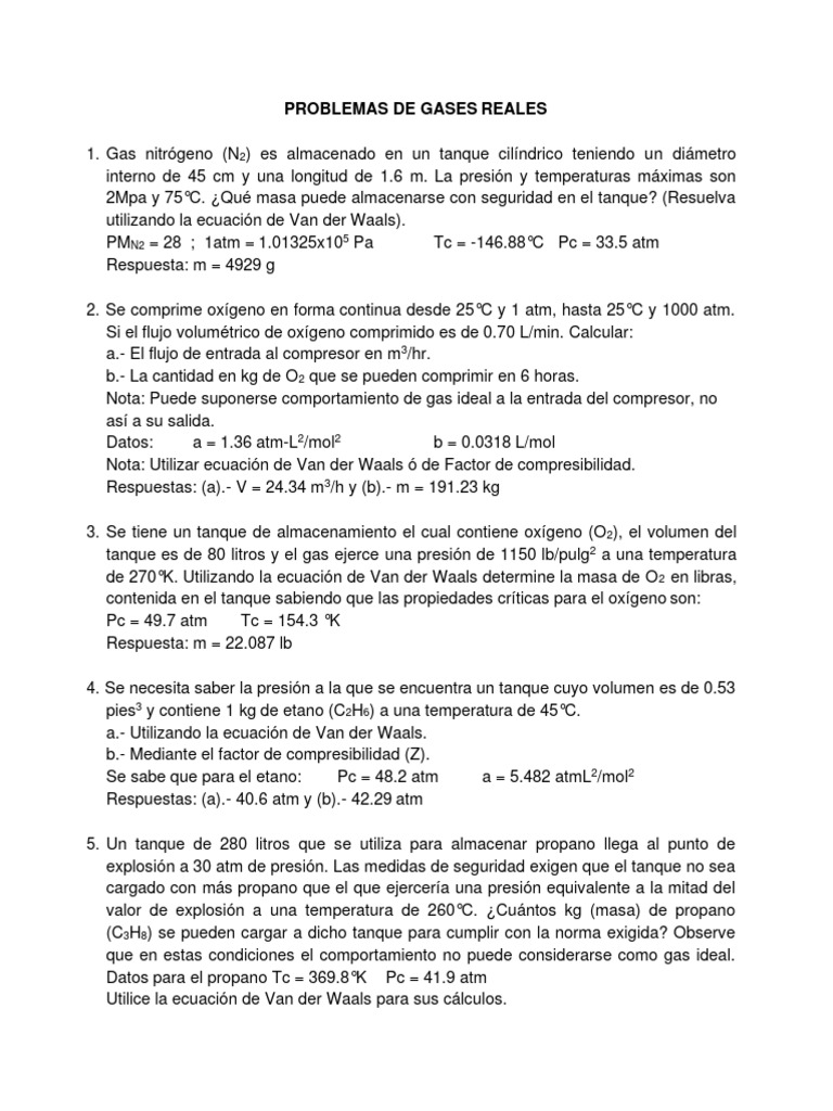Problemario Gases Reales | PDF | Gases | Mole (Unidad)