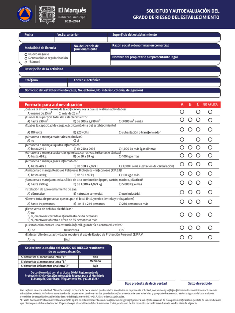 Solicitud y Autoevaluacion Del Grado de Riesgo Del Establecimiento ...