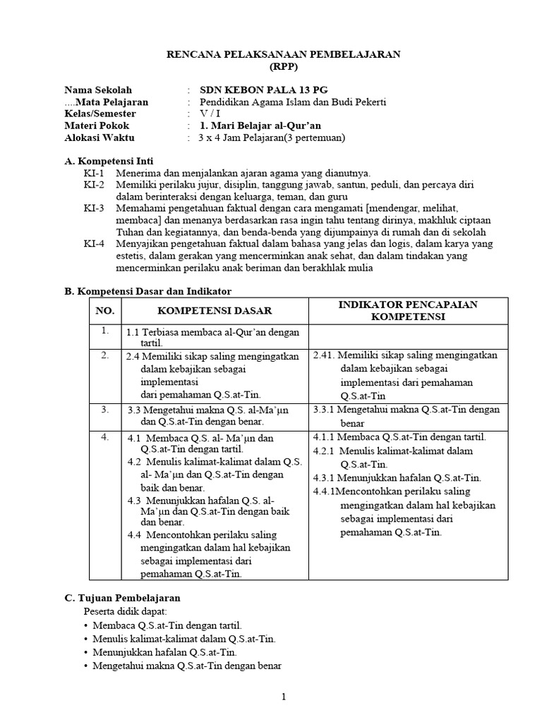 Contoh RPP PAI SD Kelas 5 Kurikulum 2013 | PDF