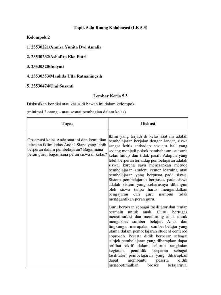 Topik 5-4a Ruang Kolaborasi (LK 5.3) - Umi Susanti - 23530474 - Kel 2 | PDF