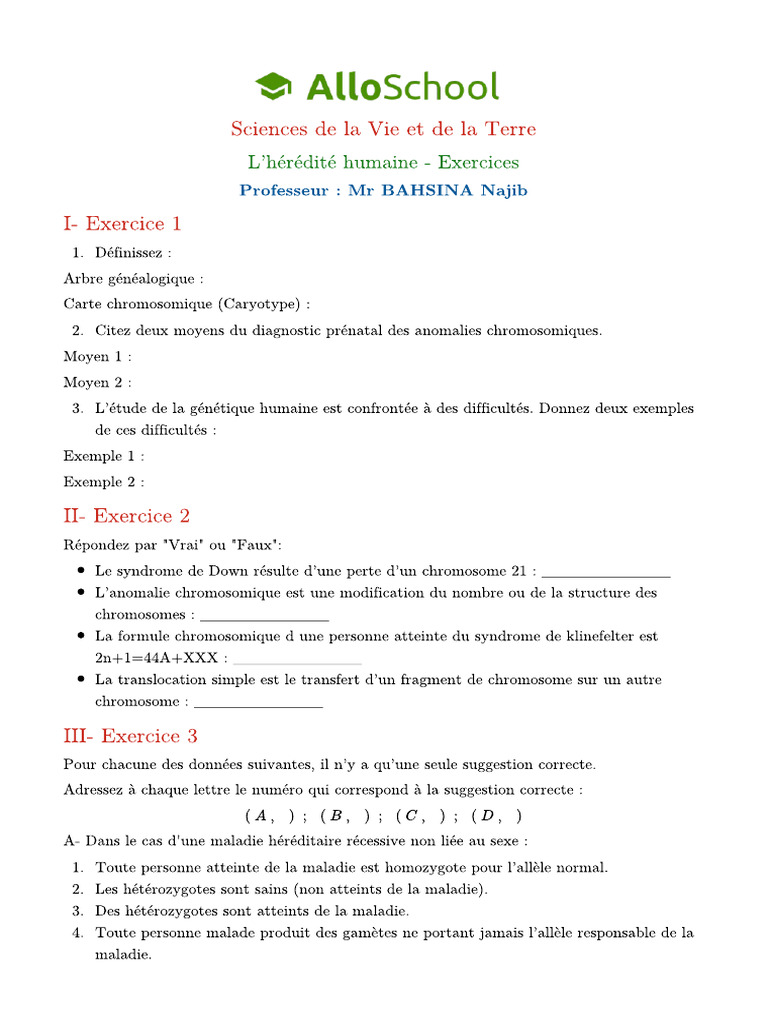 L Heredite Humaine Exercices 2 | PDF