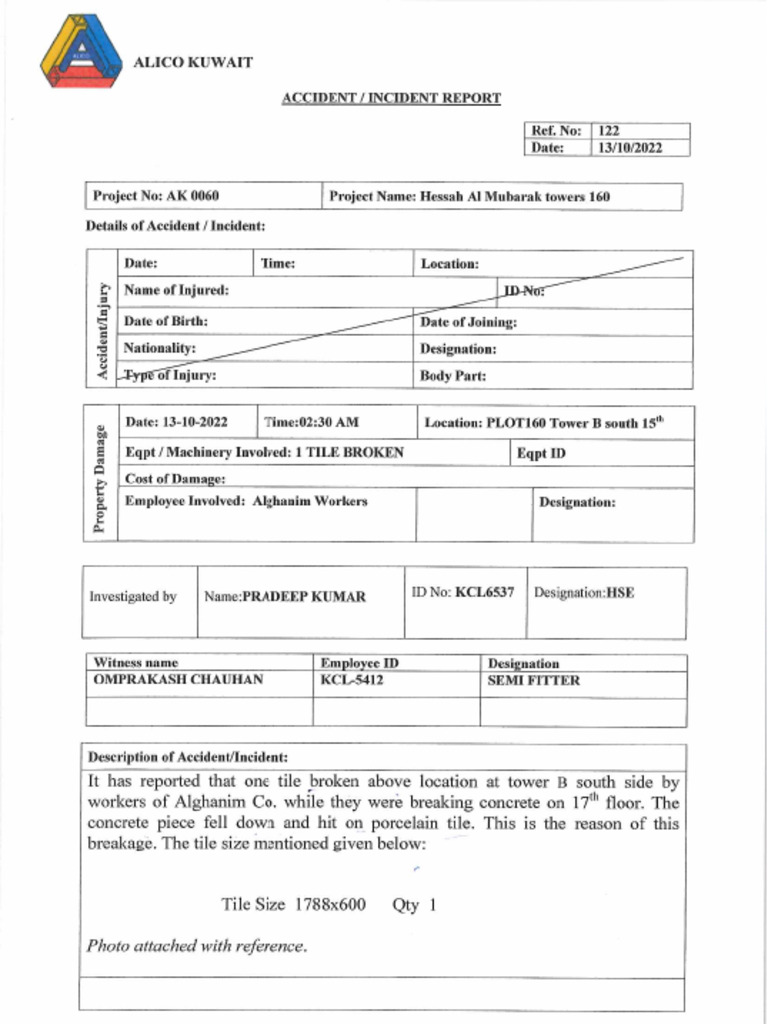 Accident Report 122 Plot-160 Tower B 15th Floor | PDF