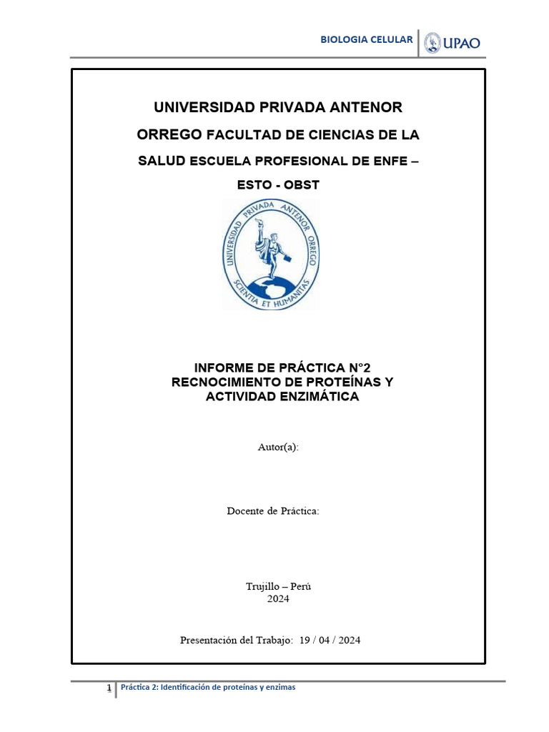 Semana 2 Practica 2 Informe Práctica Proteinas Enzimas 2021-10 ESTO - EnFE - OBST | PDF | Enzima ...