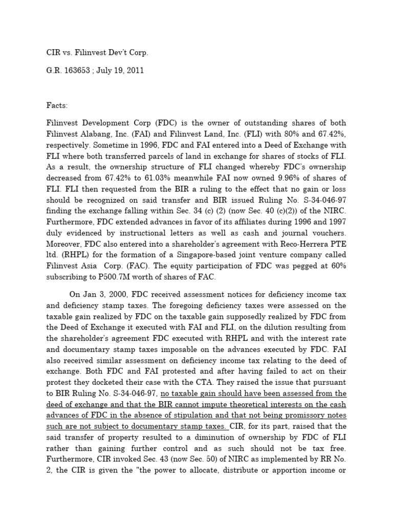 CIR - Vs - Filinvest - Digest | PDF | Taxes | Taxpayer