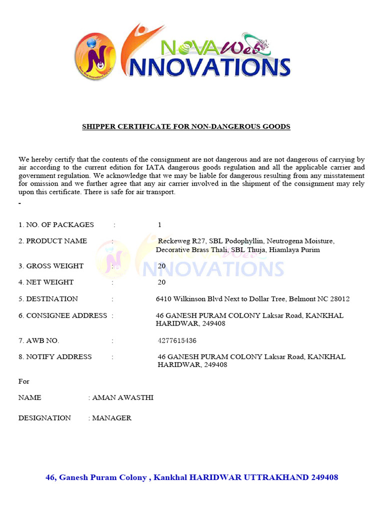 Shipper Certificate for Non-Dangerous Goods | PDF