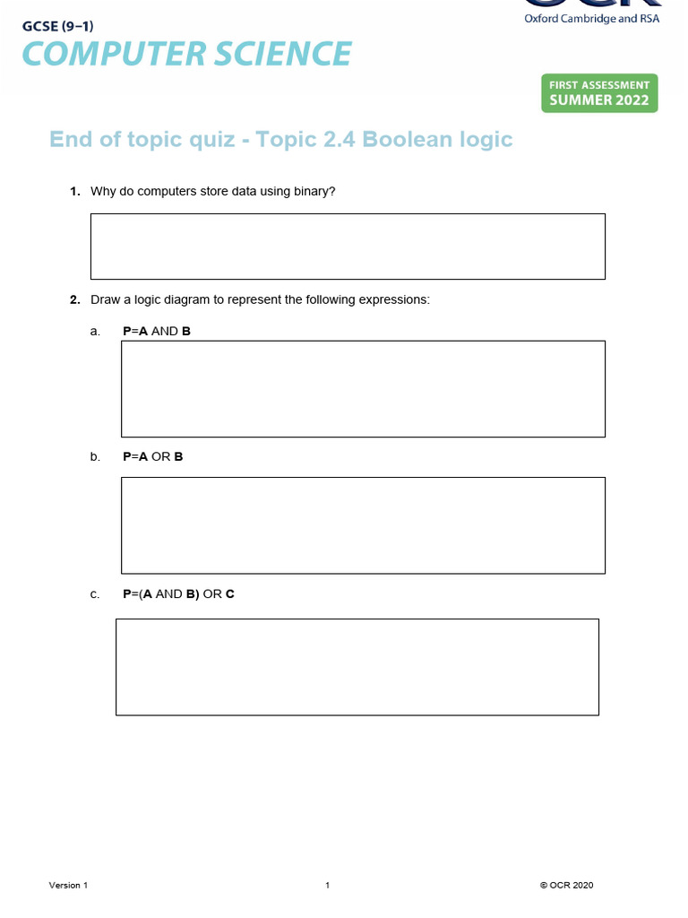 2.4 Boolean Logic End of Topic Quiz | PDF | Logic Gate | Optical Character Recognition
