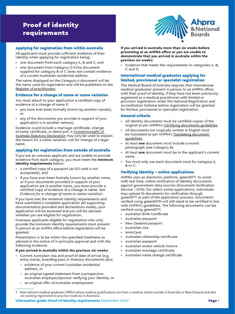 Ahpra - Fact Sheet - Proof of Identity Requirements | PDF | Identity ...