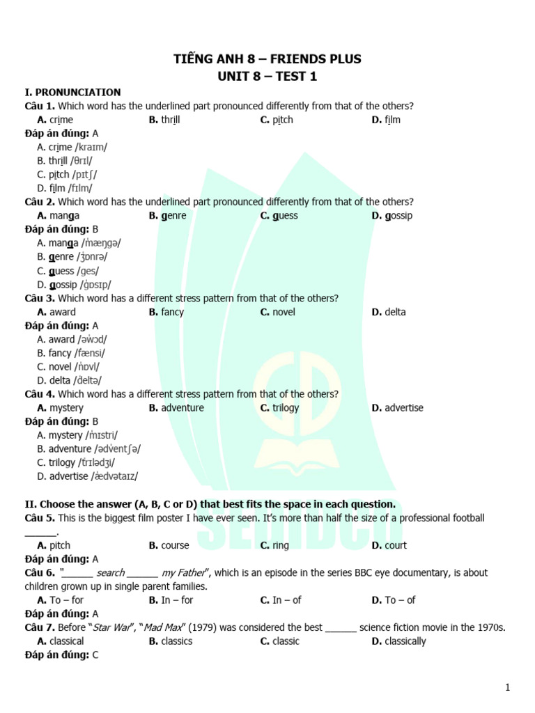 Tieng Anh 8 Friends Plus Unit 8 Test 1 Key | PDF