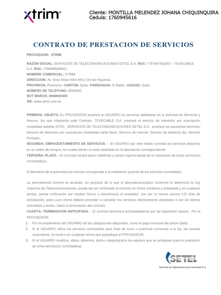 Contrato de Prestacion de Servicios: Cliente: Montilla Melendez Johana ...