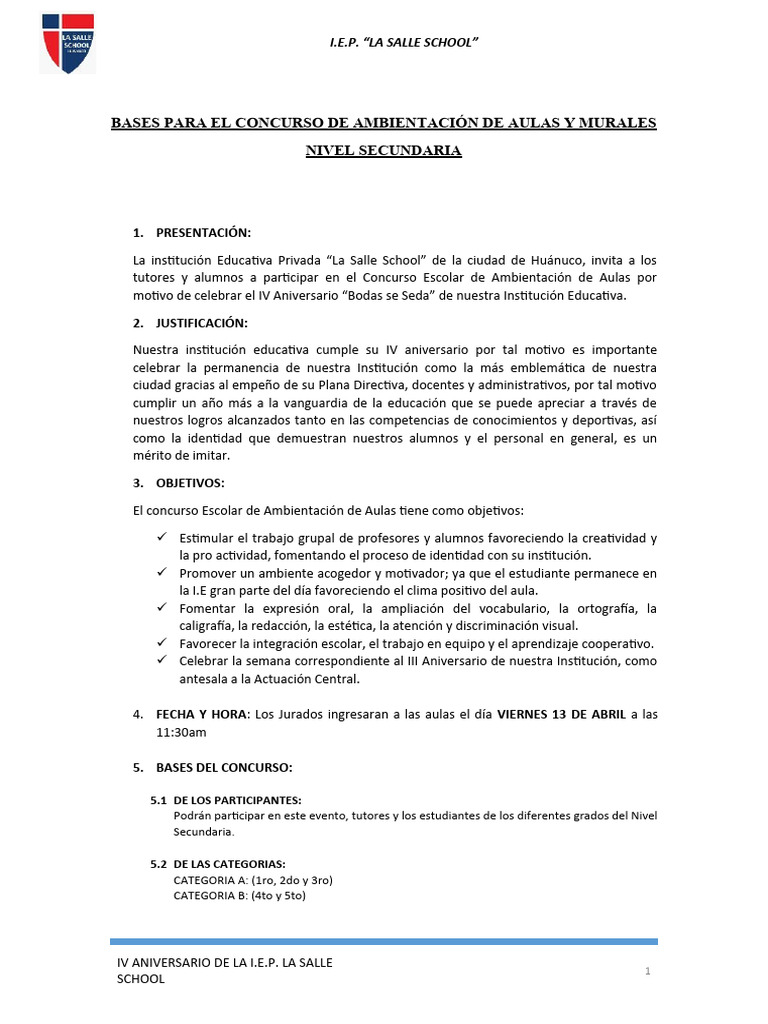Bases para El Concurso de Ambientación de Aulas y Murales | PDF | Salón ... Bases para El Concurso de Ambientación de Aulas y Murales | PDF | Salón ...