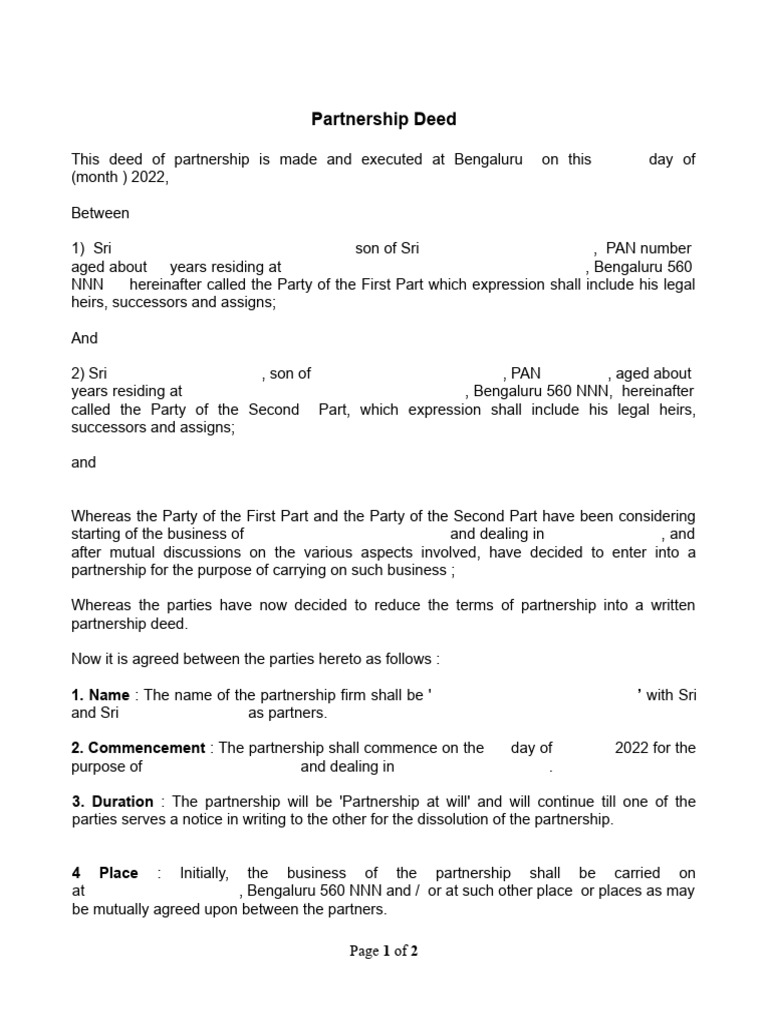 Draft Partnership Deed | Download Free PDF | Partnership | Banks