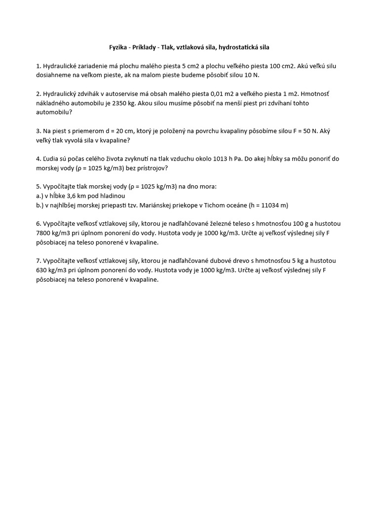 Tlak, Vztlaková Sila, Hydrostatická Sila (Príklady) | PDF