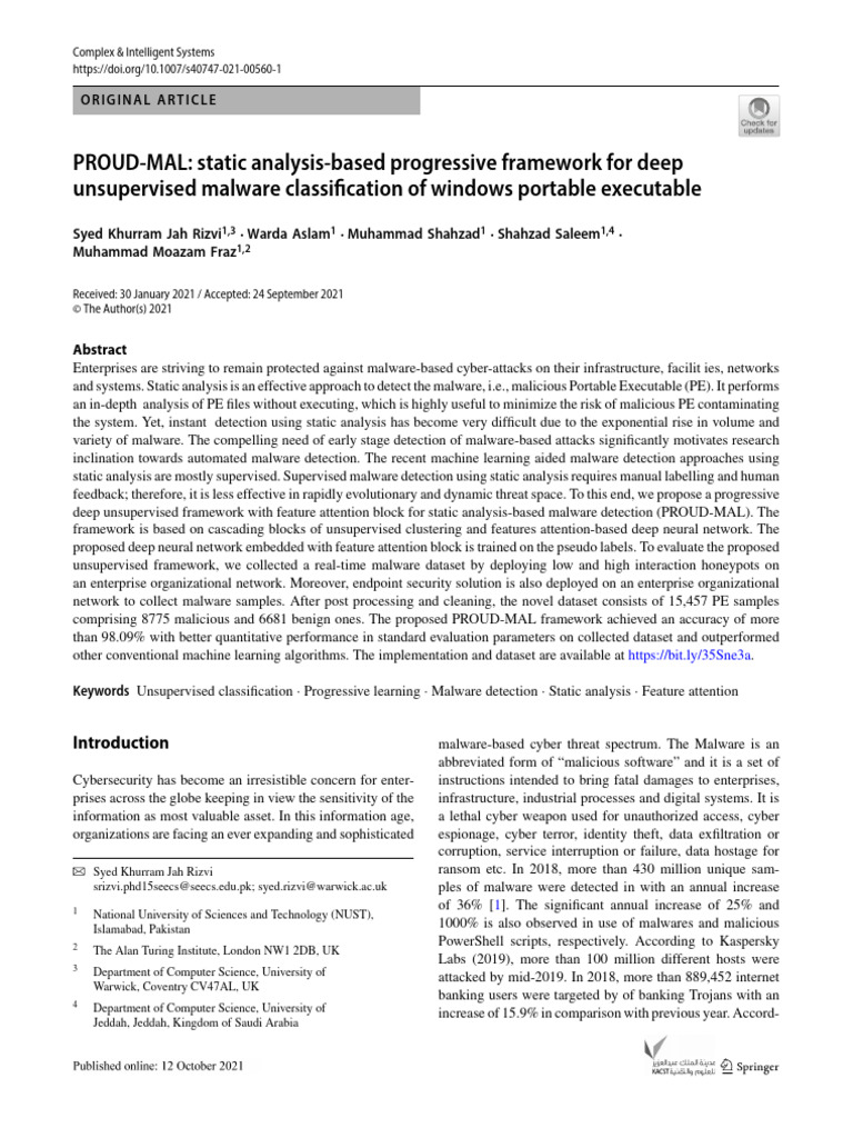 PROUD-MAL: Unsupervised Malware Detection | PDF | Malware | Cluster ...