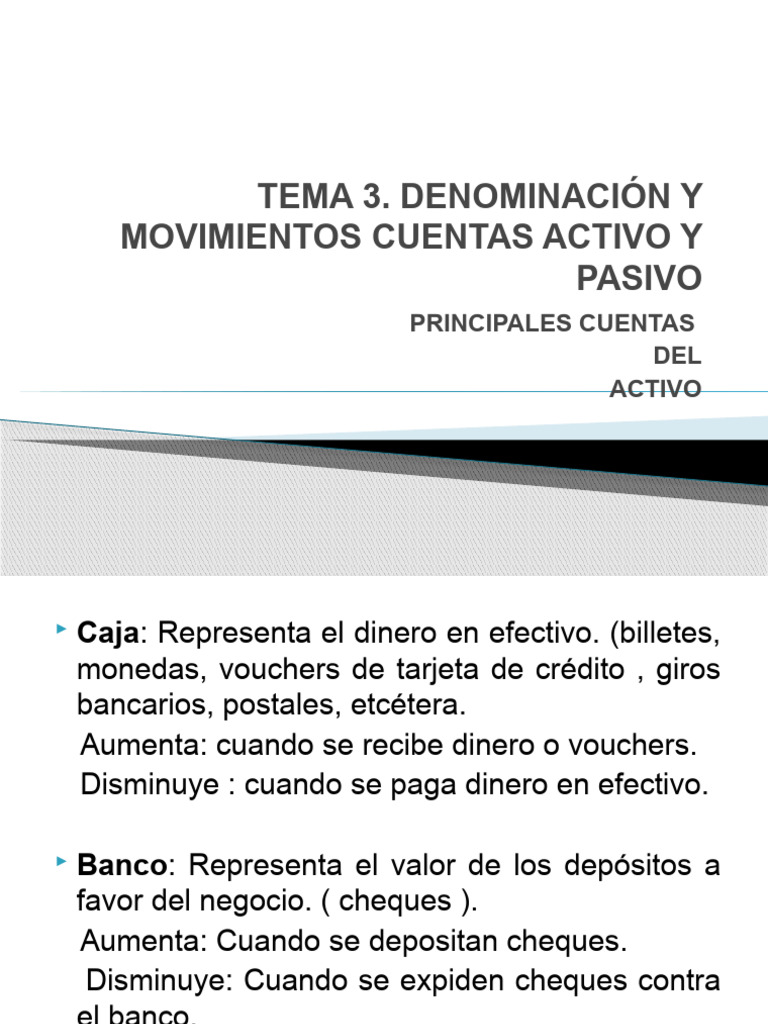 Tema 3 Denominacion y Movimiento de Las Principales Cuentas de Activo y Pasivo Conta | PDF ...